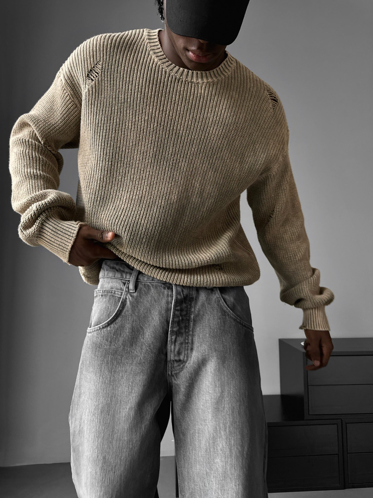 Loose Fit Knit Torn Sweater - Stone – Kleidermafia