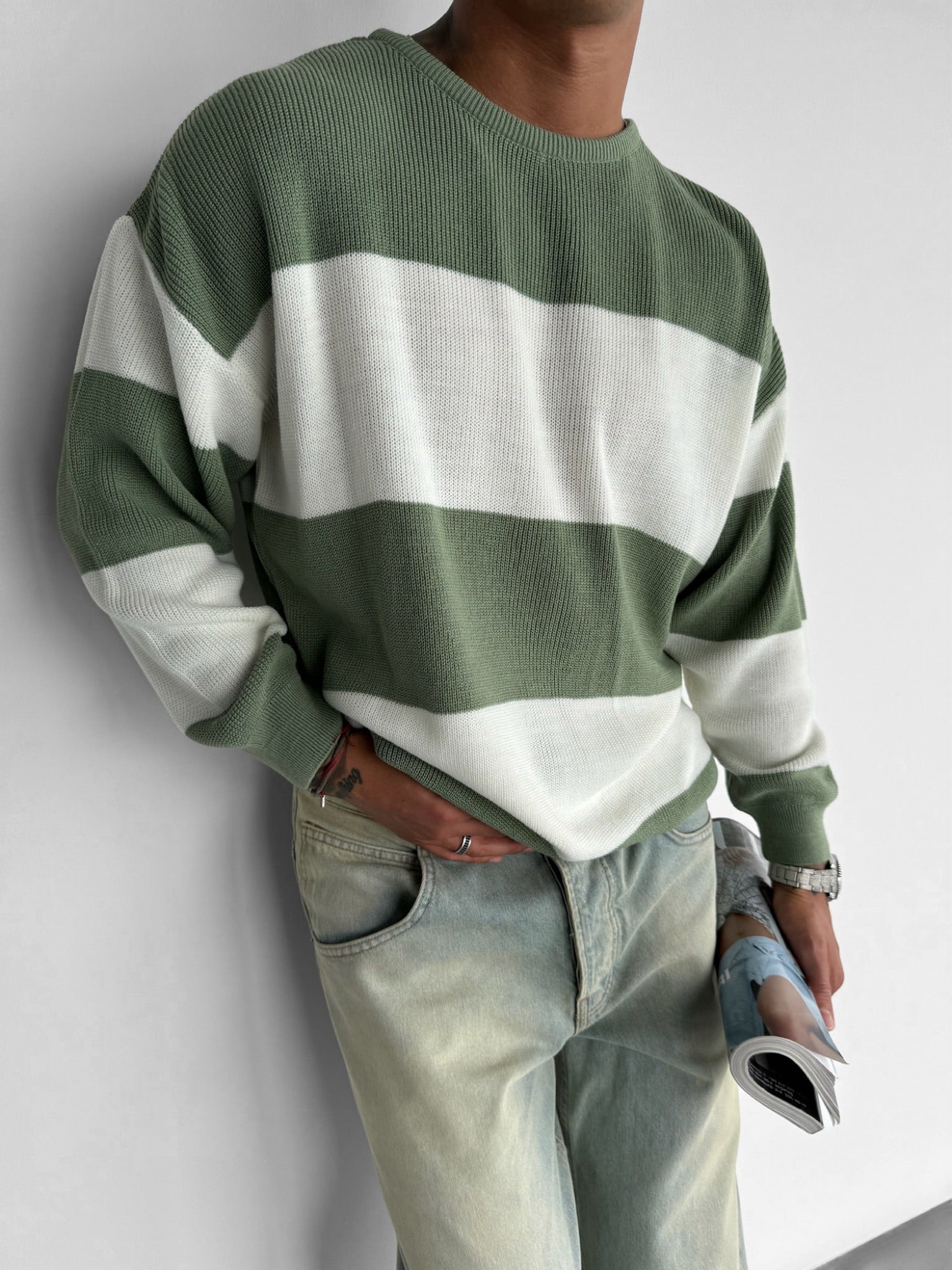 Loose Fit Strip Knit Sweater - Green – Kleidermafia